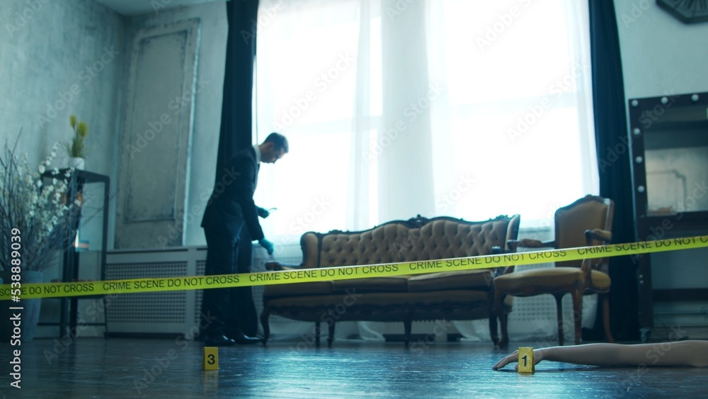 Detective Collecting Evidence in a Crime Scene. Forensic Specialists ...