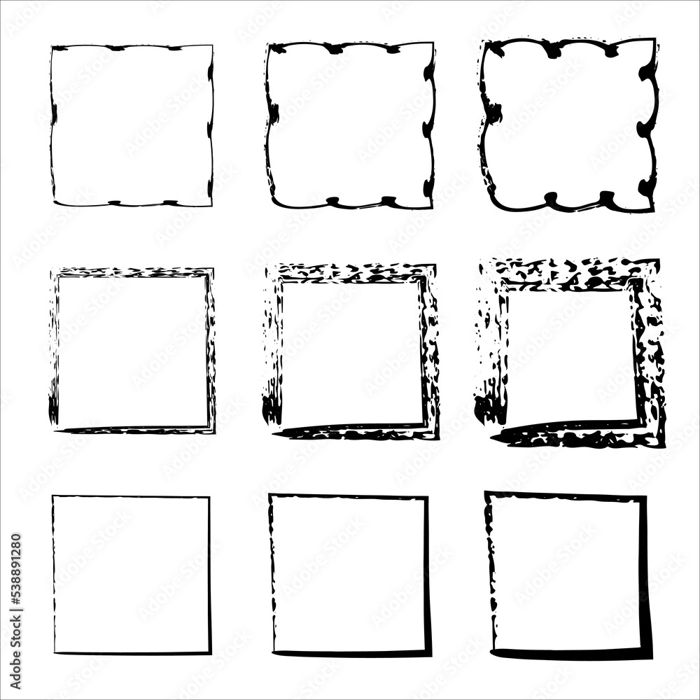 Grunge frames vector set. black square shape borders. rectangular shapes. Vector black painted ...