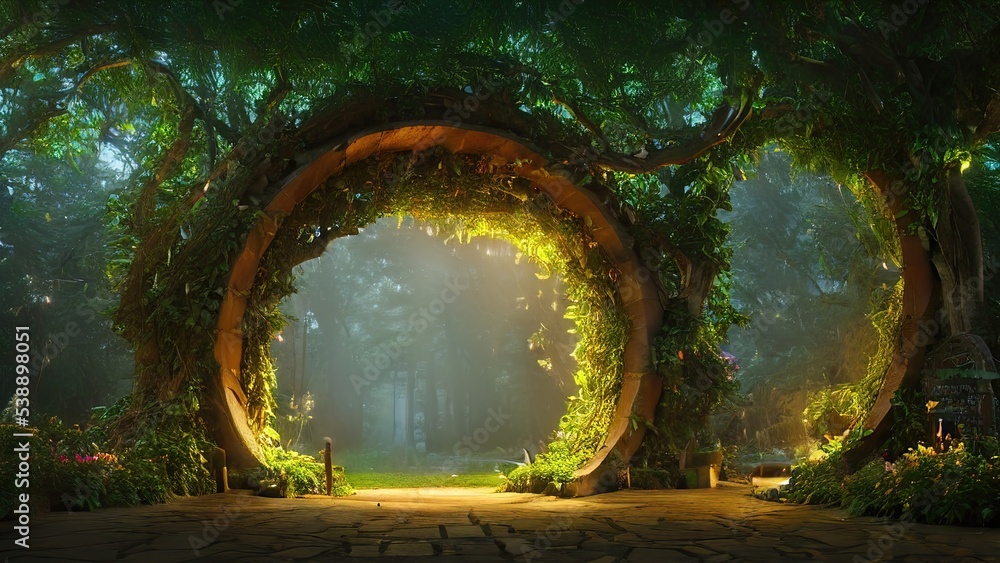 Fantasy fairy-tale portal in forest, sunny evening light through the ...