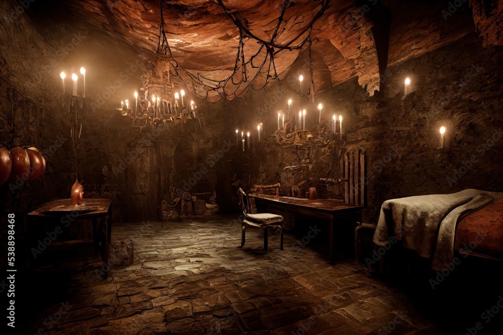 Dracula castle cell interior with chains by candlesticks, writing desk ...