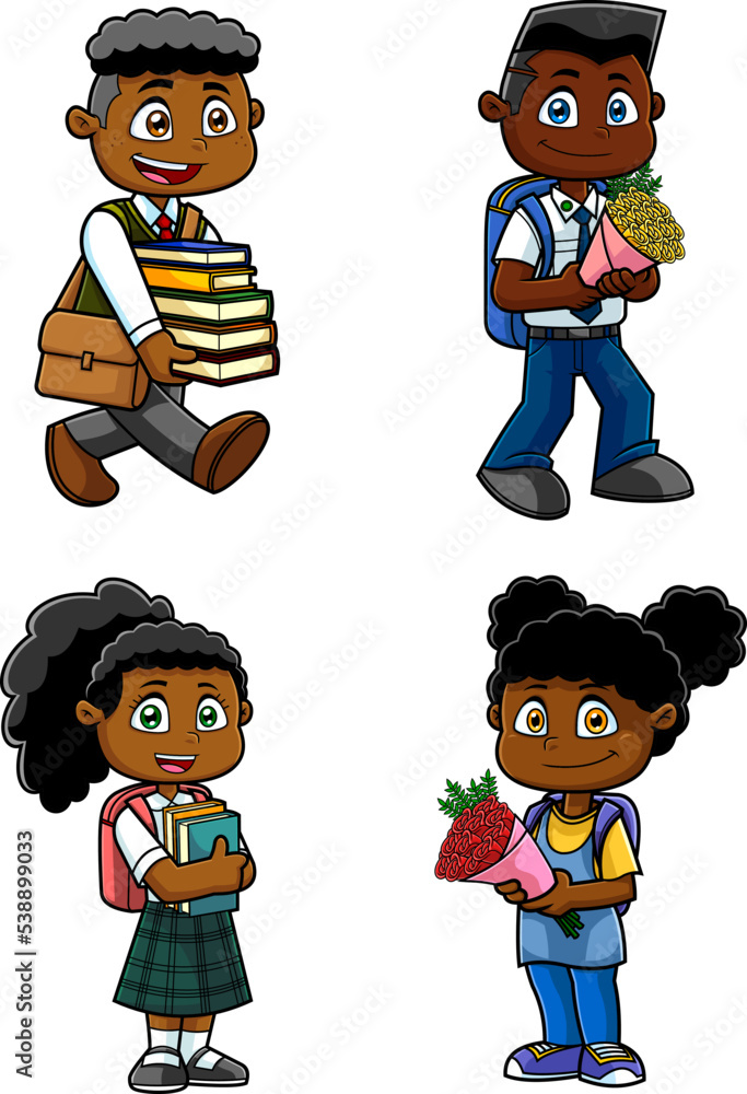 African American School Kids Cartoon Characters. Vector Hand Drawn ...