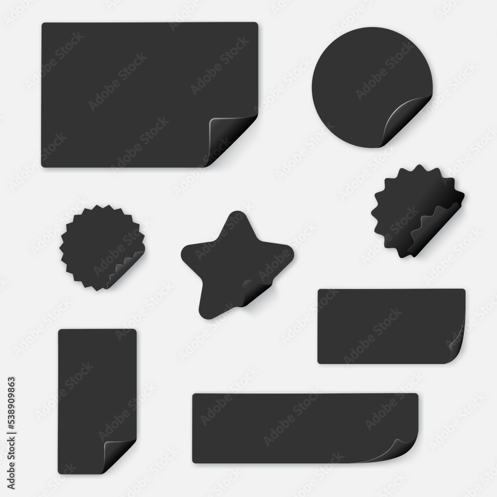 Realistic paper stickers. Black adhesive round and rectangular price ...