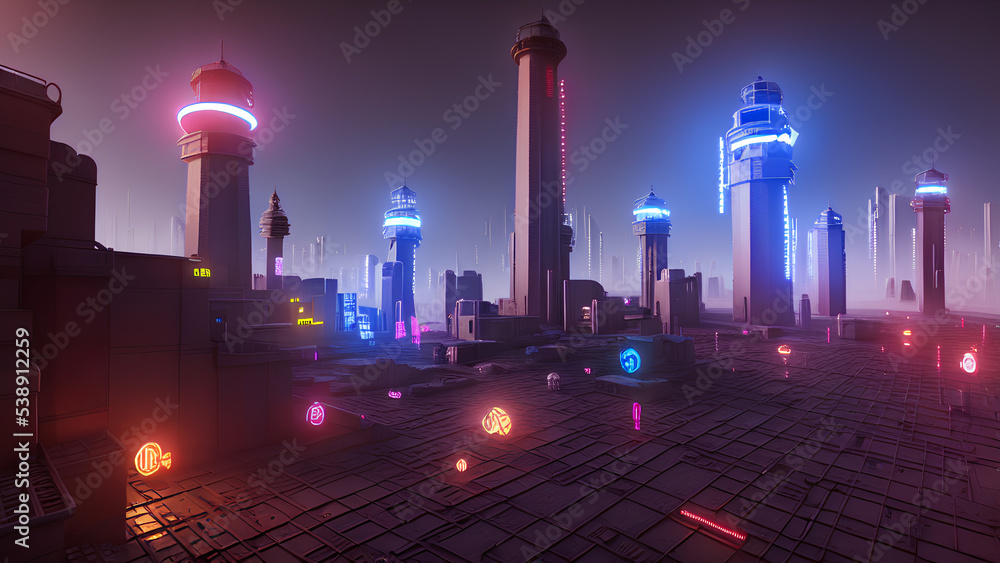 Fantasy cyberpunk city in mega structure lighthouse castle fortress ...