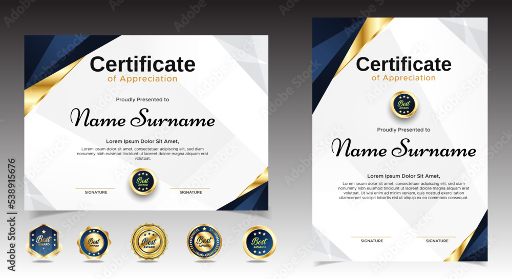Vetor de Set Blue and gold elegant horizontal and portrait diploma ...