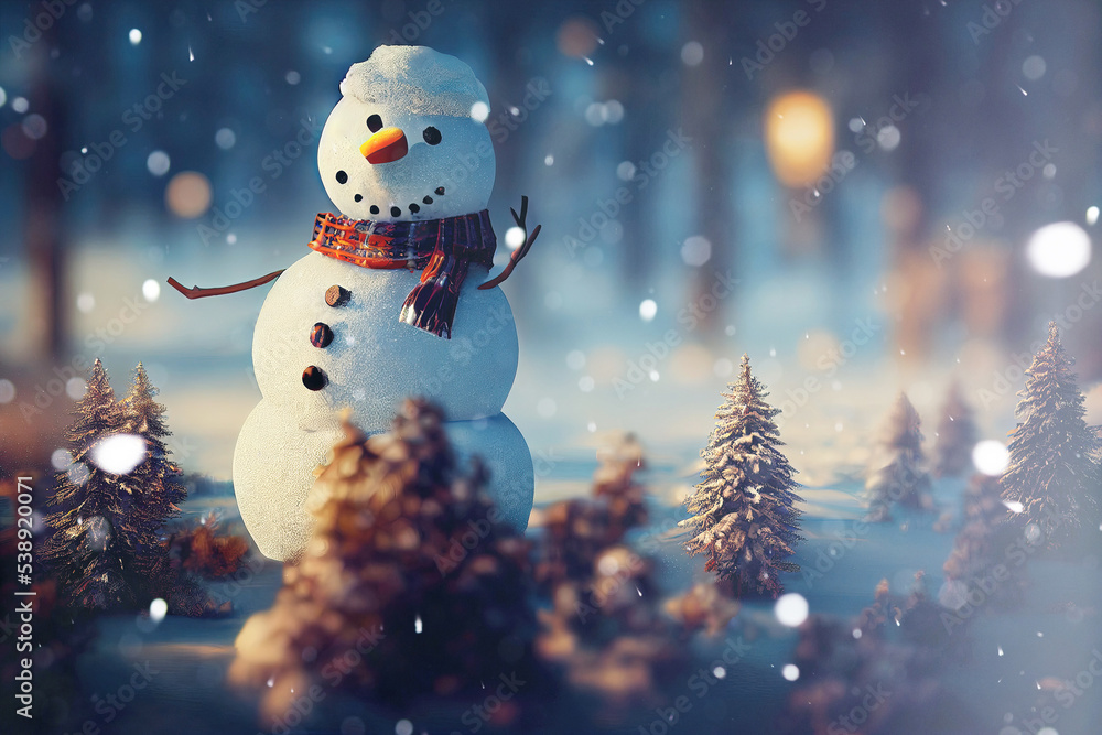 Cute traditional snowman standing in winter landscape Stock ...