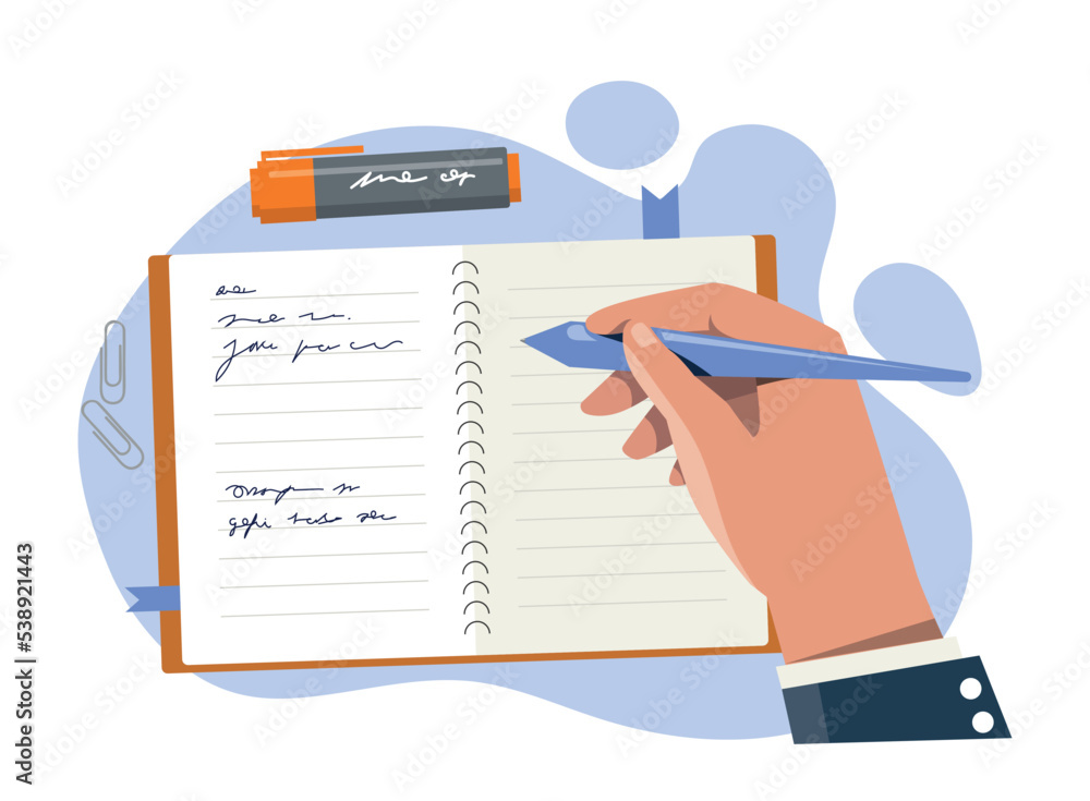 To do list concept. Character writes down goals in notebook, time ...