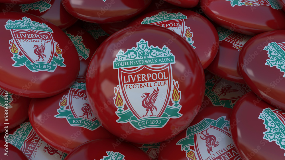 3d rendering of a lot of badges with te Logo of Liverpool Football Club ...