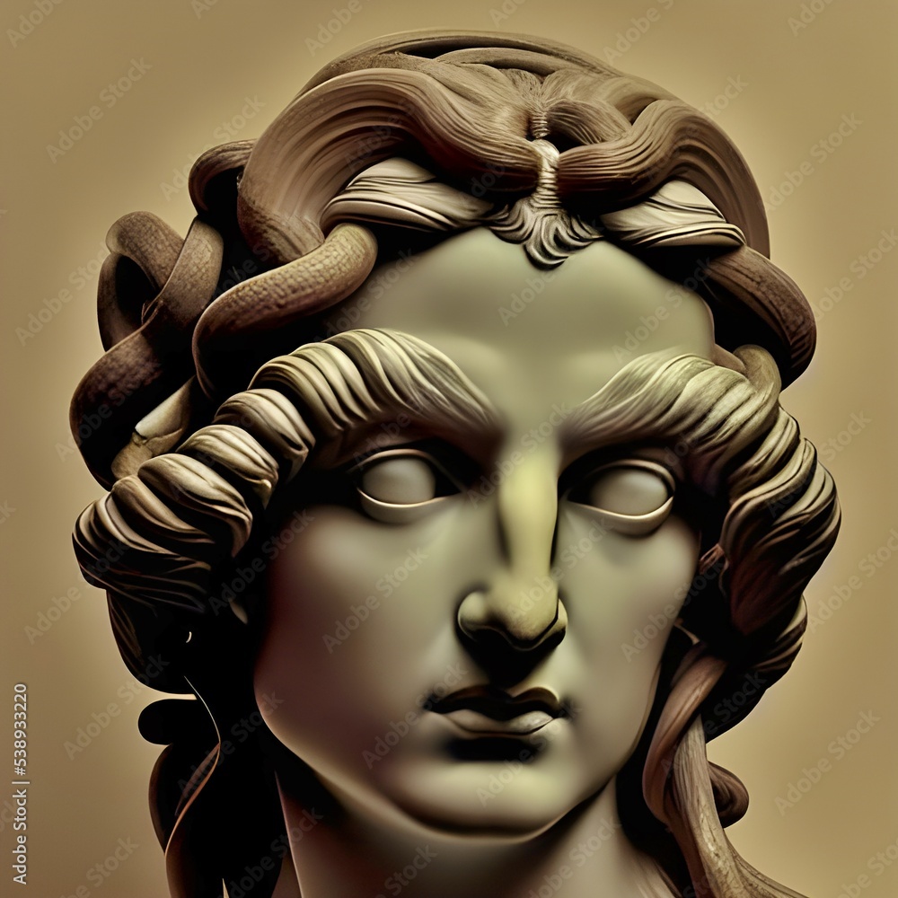 3D illustration of a white marble bust of Medusa, otherwise known as ...