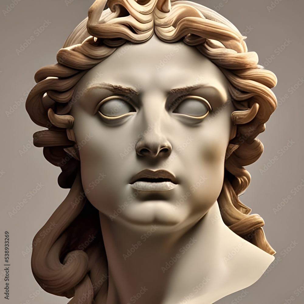 3D illustration of a white marble bust of Medusa, otherwise known as ...