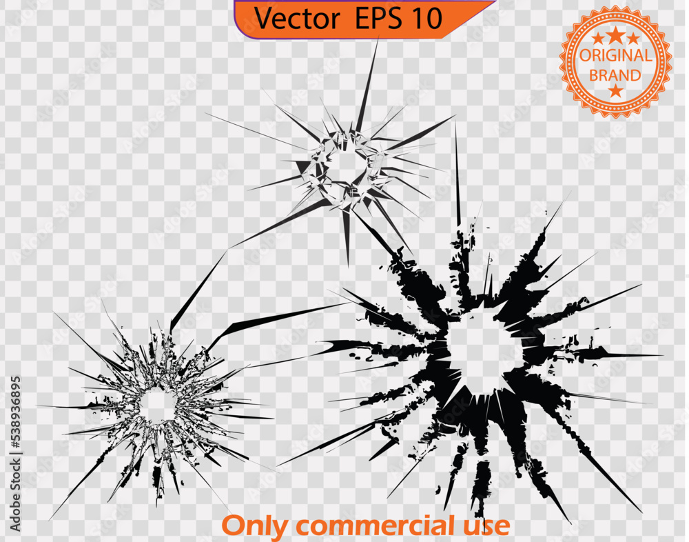Set of broken glass, cracks, bullet marks on glass. High resolution ...