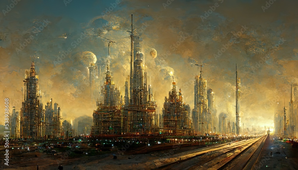 steampunk illustration of futuristic city, in cinematic lighting ...