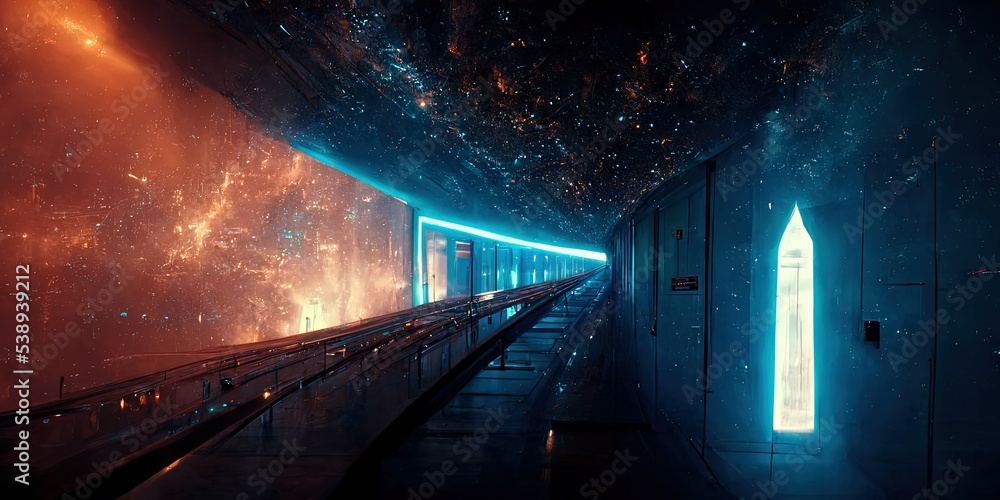 Hallway in futuristic space station facility, with neon lights and ...