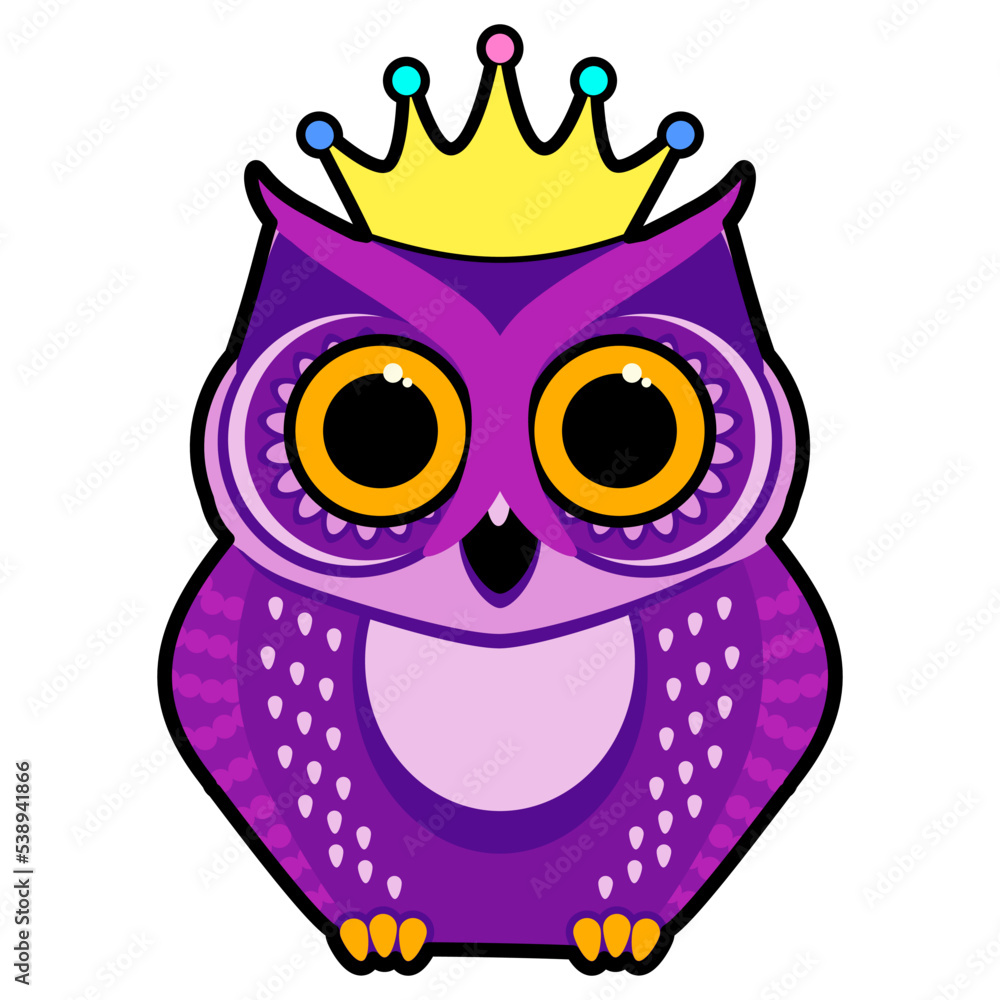 Cute owl in a crown. Cartoon vector illustration. Humorous ...