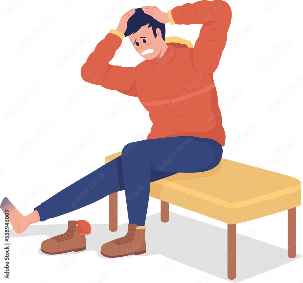 Worried man with frostbite semi flat color raster character. Sitting ...