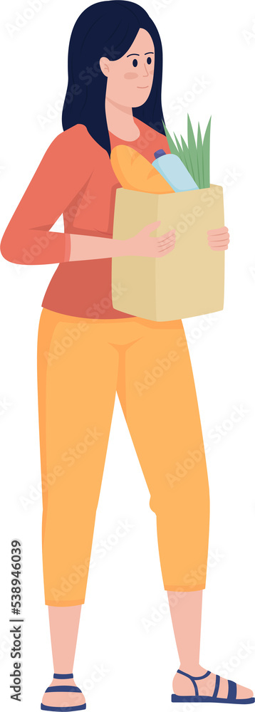 Woman with paper bag semi flat color raster character. Happy figure ...