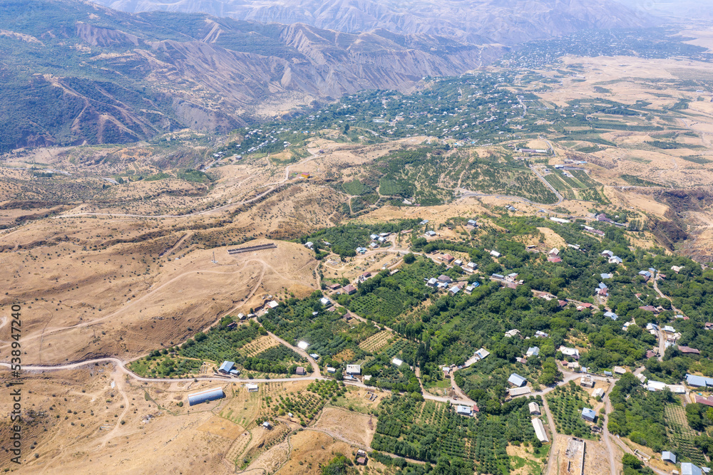 Birds eye view of Geghard and Goght villages in Azat River valley on ...