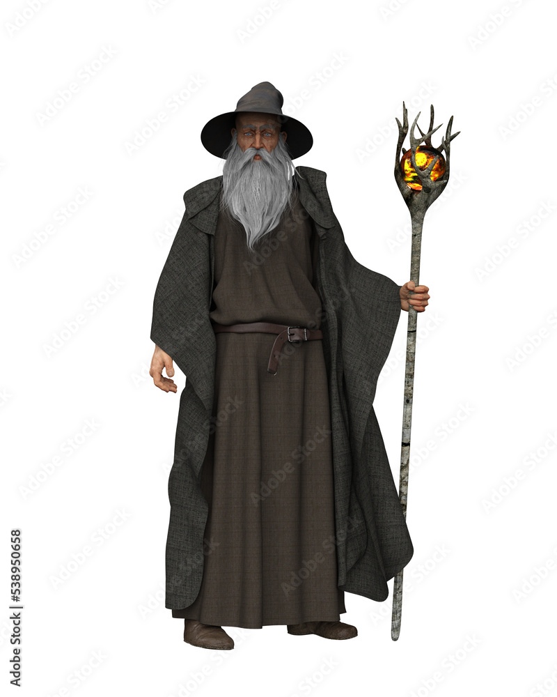 3D illustration of an old bearded wizard wearing grey robes and hat ...