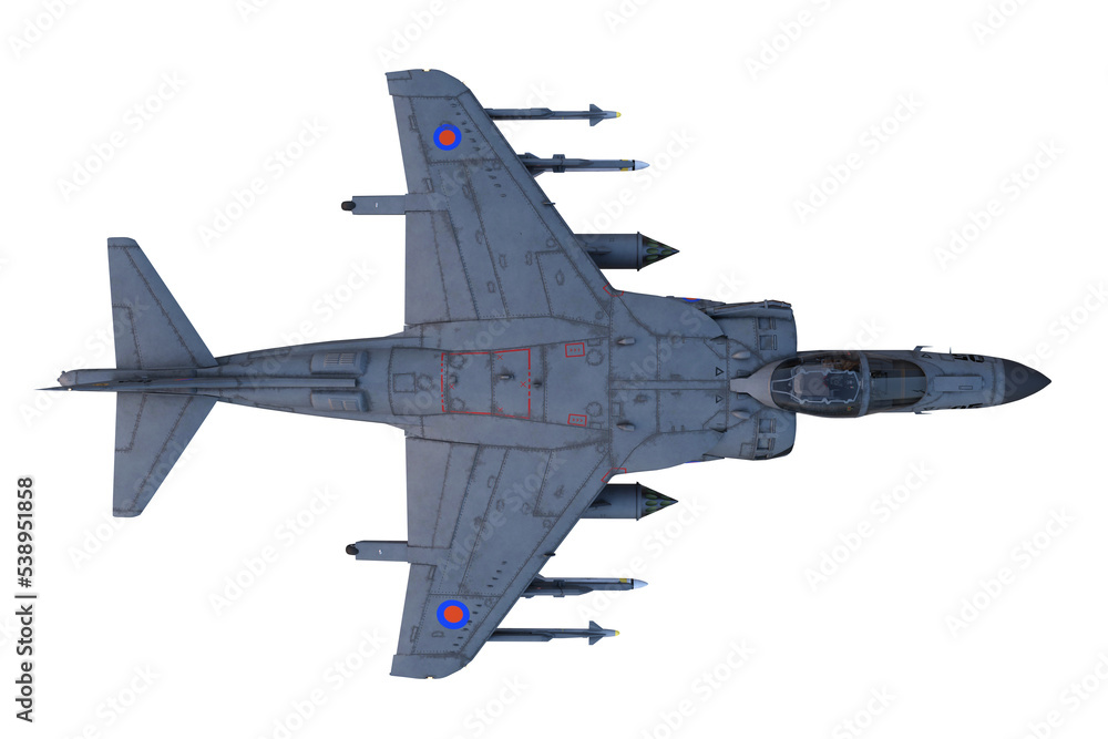 Top view 3D illustration of a grey jet fighter aircraft armed with ...