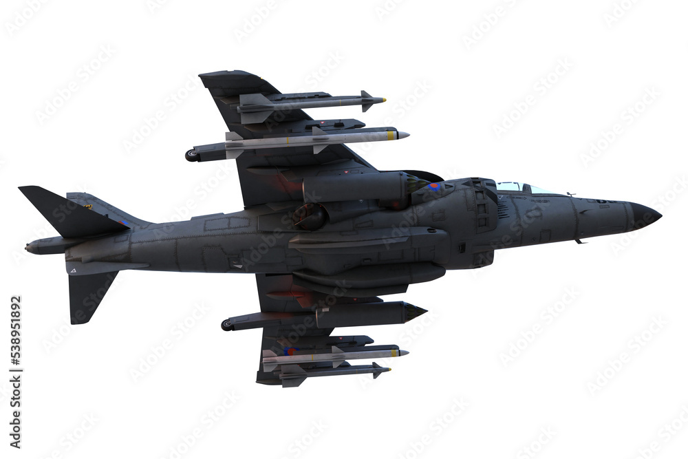 3D illustration of a grey jet fighter aircraft armed with missiles ...