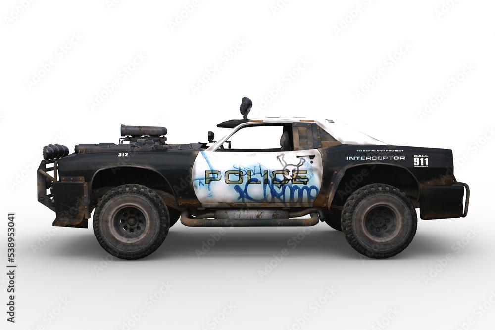 3D rendering of a post apocalyptic vehicle isolated on a transparent ...
