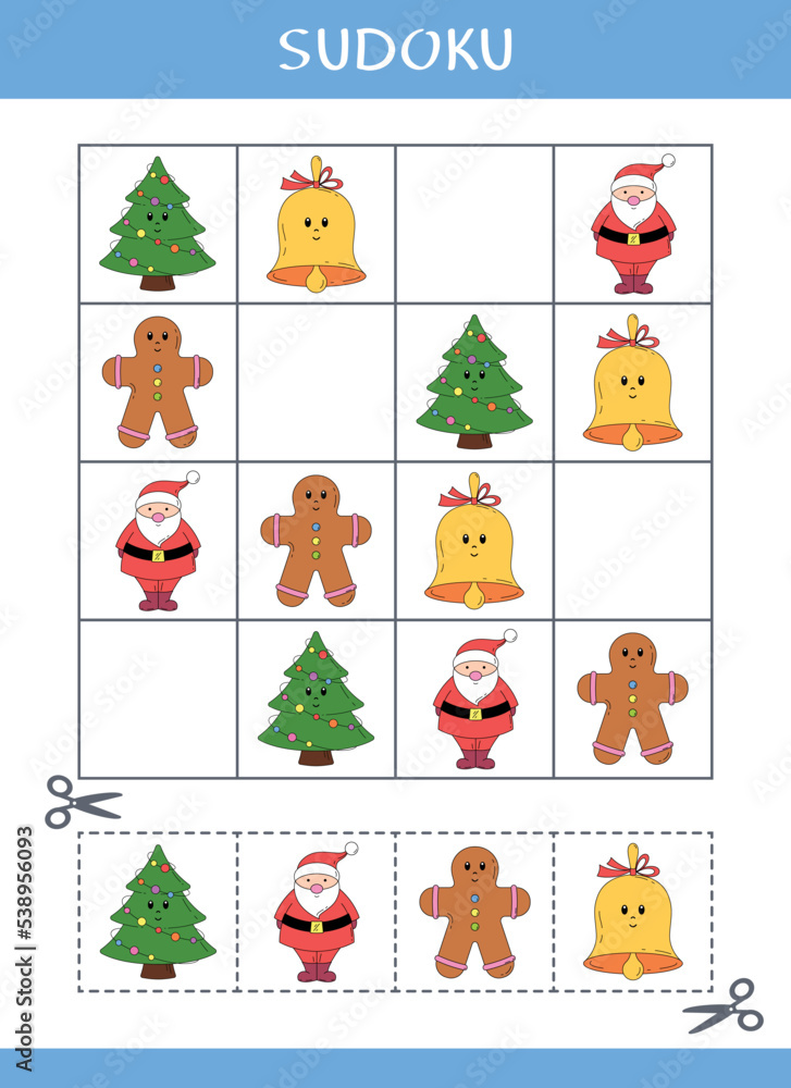 Sudoku for kids. Simple logic game. Cut and glue. Vector worksheet ...