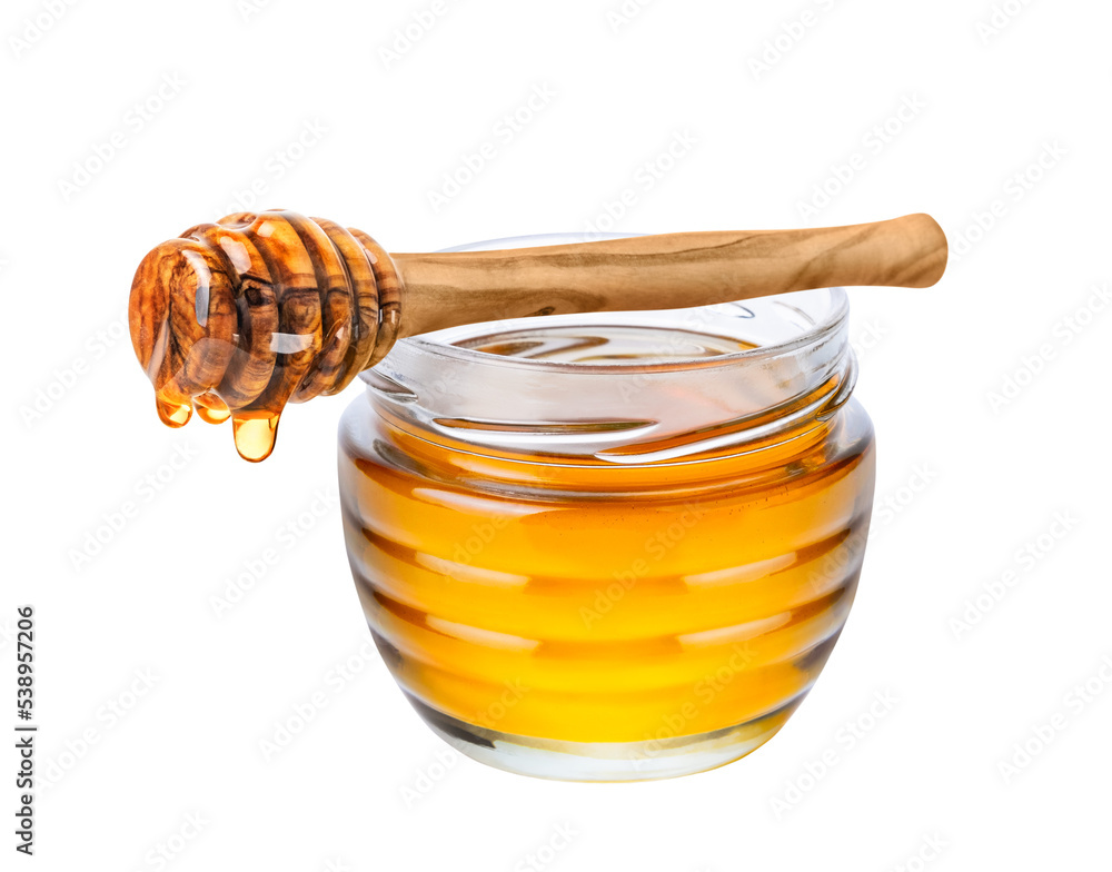 Honey isolated on white or transparent background. Jar with honey and ...