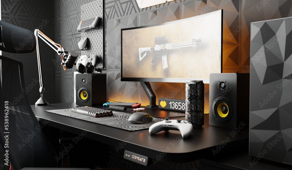 A general view of the comfortable workplace of a professional gamer and ...