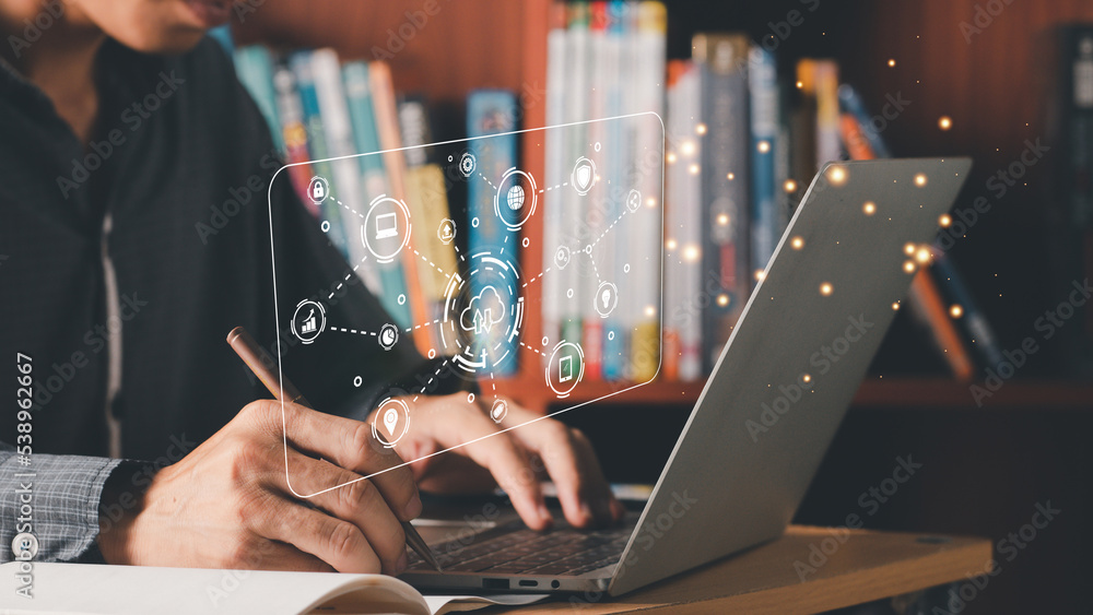 E-learning education concept, internet lessons and online webinar ...