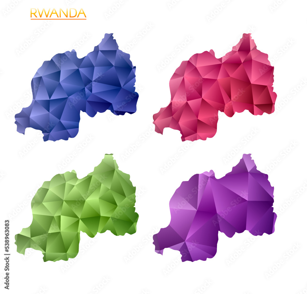 Set of vector polygonal maps of Rwanda. Bright gradient map of country in low poly style ...