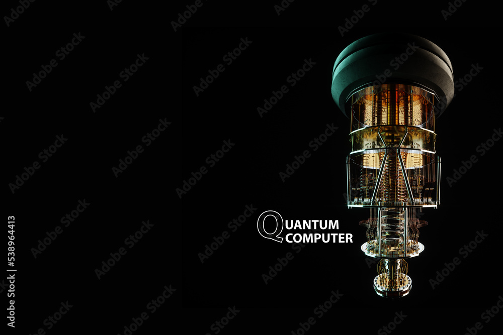 Quantum computer isolated on black. Golden gear, quantum computing ...