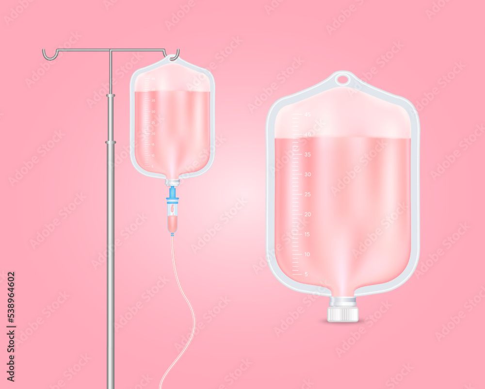 Plastic saline bag pink. Collagen skincare beauty. IV drip vitamin ...