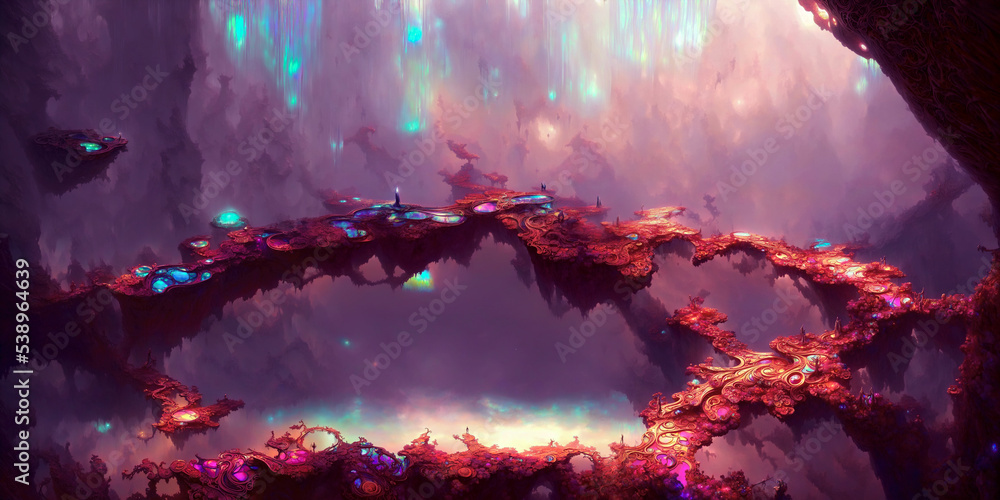 Lush, Colorful Alien Landscape on an Opalescent Planet with Floating ...