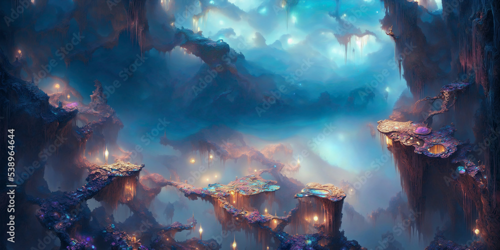 Lush, Colorful Alien Landscape on an Opalescent Planet with Floating ...