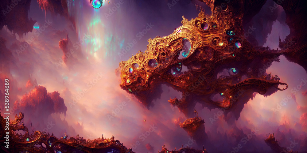 Lush, Colorful Alien Landscape on an Opalescent Planet with Floating ...