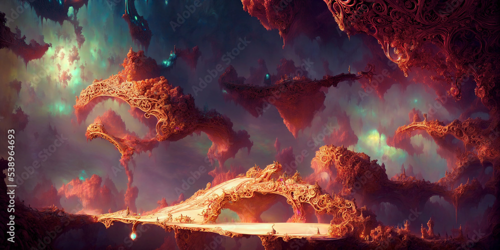 Lush, Colorful Alien Landscape on an Opalescent Planet with Floating ...