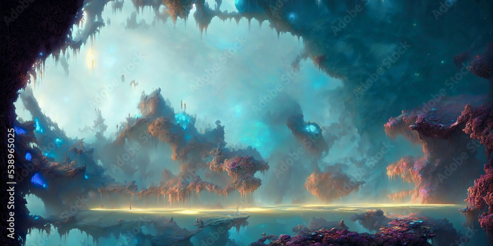 Lush, Colorful Alien Landscape on an Opalescent Planet with Floating ...