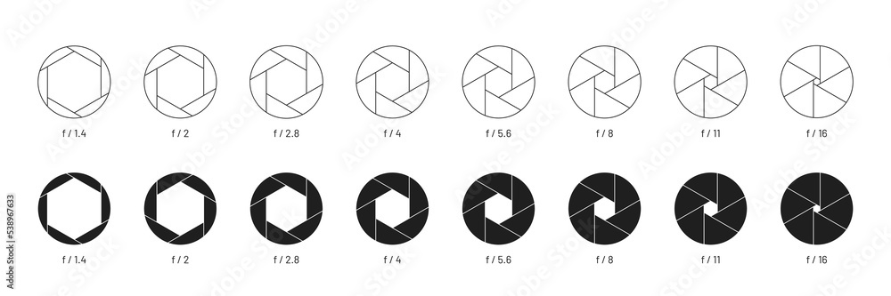 Camera shutter icons collection. Set of camera lens aperture pictograms ...