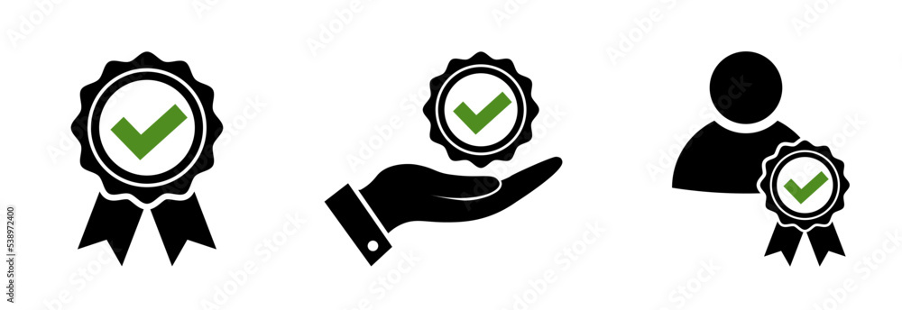 Service offer icon set style. Award rosette symbol with check in black ...