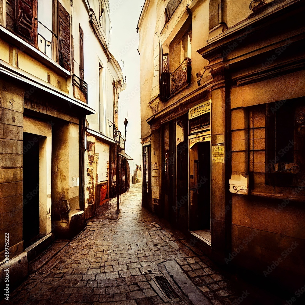 Narrow alley with a stone pathway passing through aesthetic buildings ...
