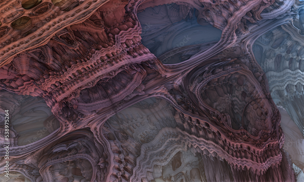 Abandoned bowels of fictional 3d temple falling in hazy perspective of ...