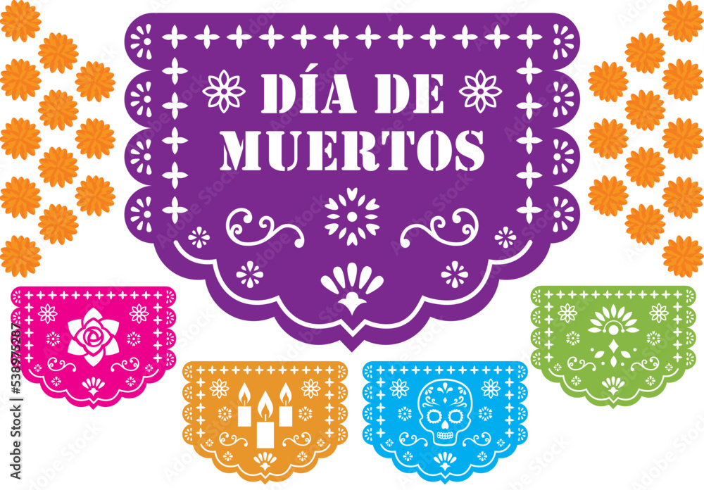 Papel picado de la tradición mexicana del día de muertos con flores de ...