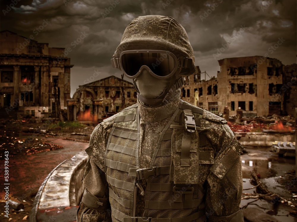 Soldier in ruined city. Soldier stands among ruins. Soldier in front of ...