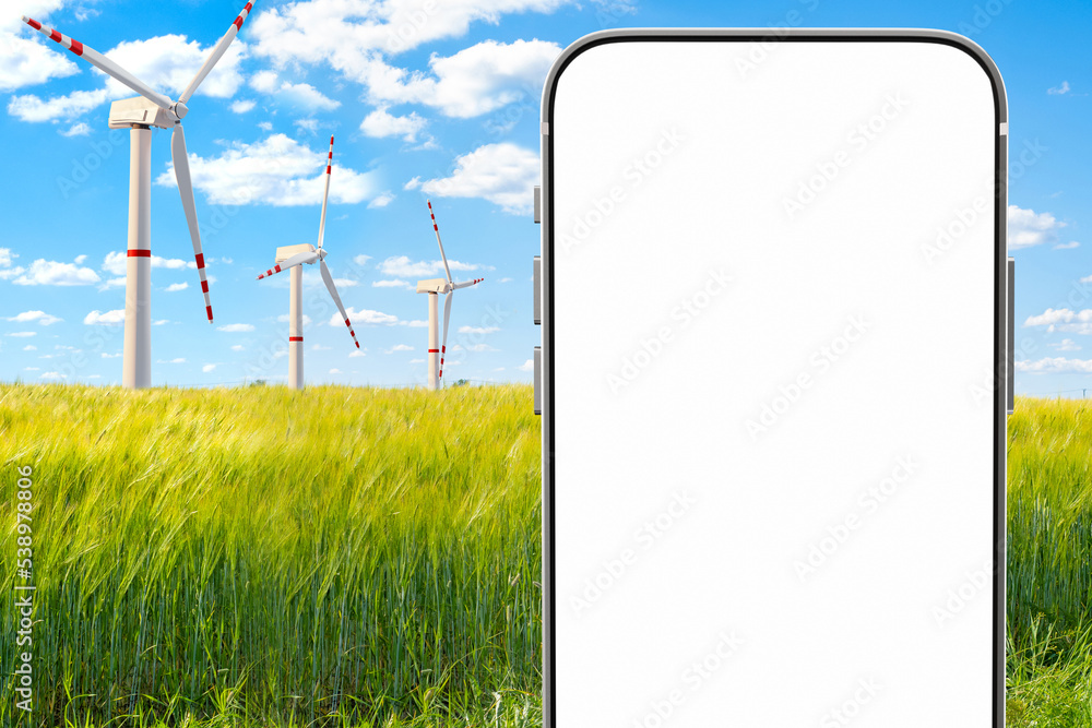 Eco app for phone. Wind power plants in field. Phone with white screen ...