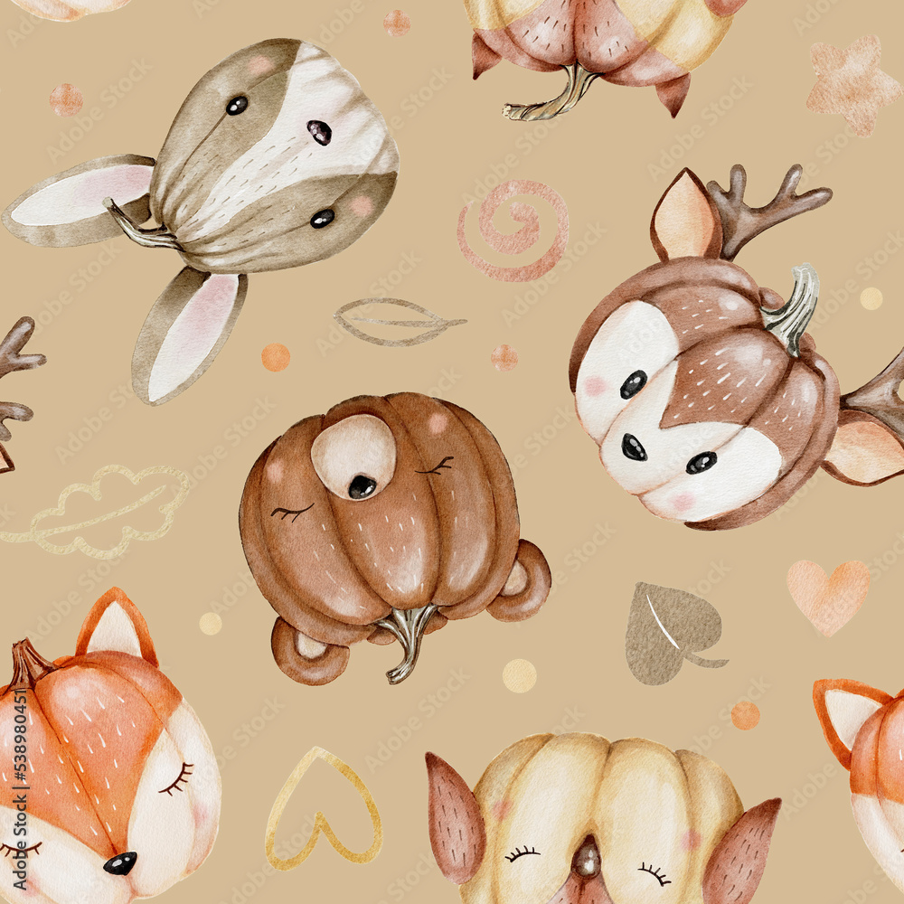 Watercolor fall seamless pattern. Cute pumpkins, cartoon woodland ...