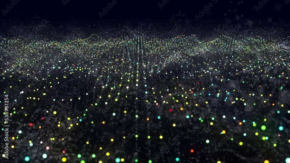 Dynamic wave of colored glowing particles. Digital technology ...