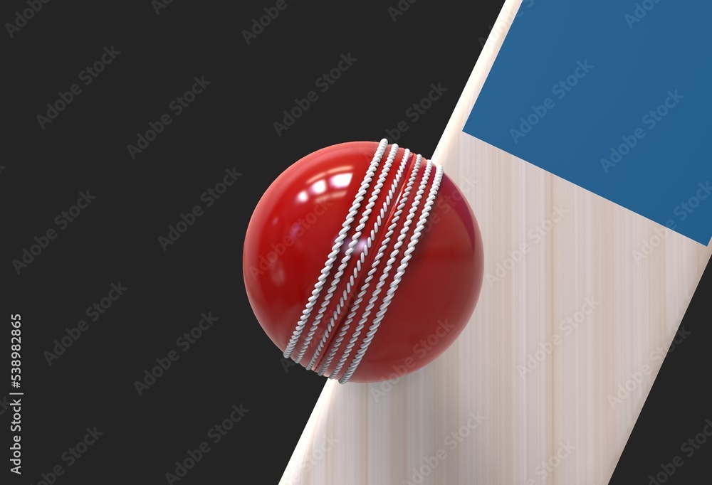 3D illustration Cricket bat red ball in black background Stock Photo ...