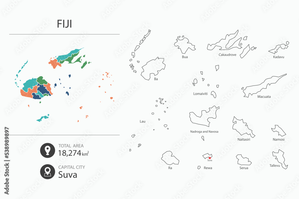 Map of Fiji with detailed country map. Map elements of cities, total ...