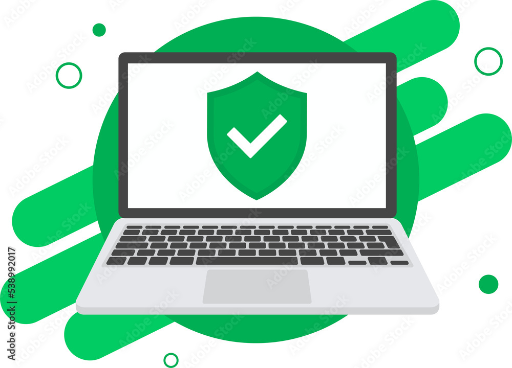 Laptop with check mark window in a flat design. Mockup of shield with ...