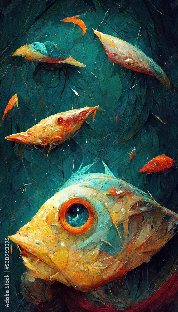 Abstract digital painting of fish swimming in the ocean marine life ...