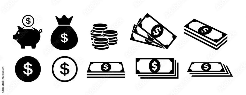 Money icon set in flat style. Money bag, coins and dollar symbols ...